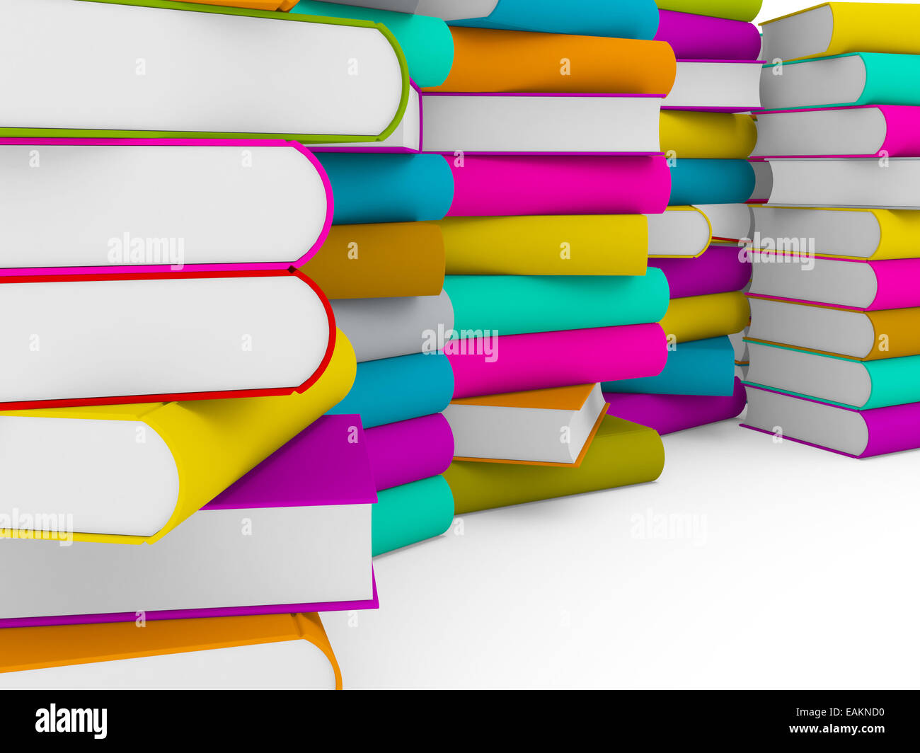 multiple stack of colorful books on white background, partial view ...