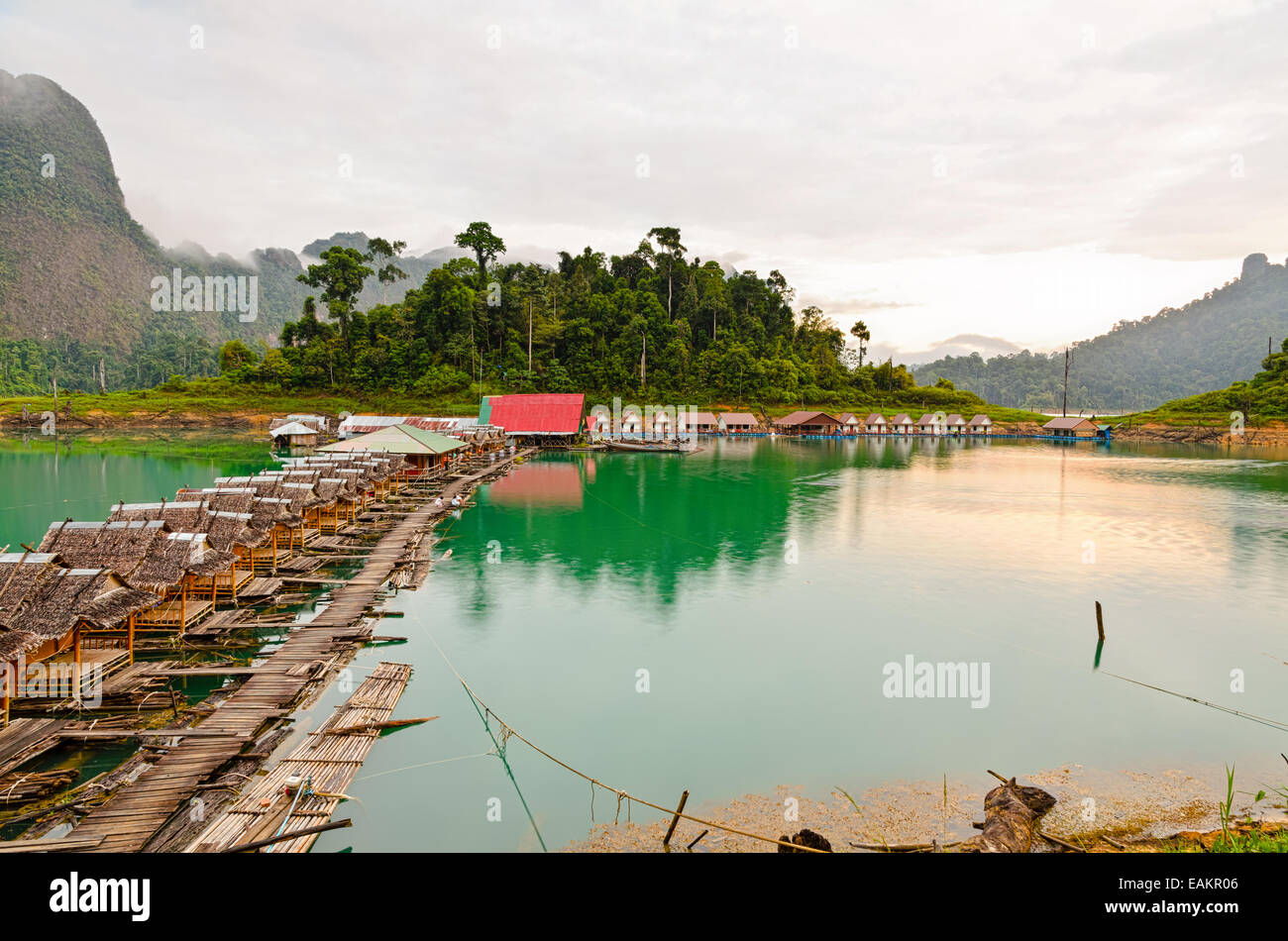 Atmosphere of bamboo floating resort in the morning at Ratchaprapha Dam ...