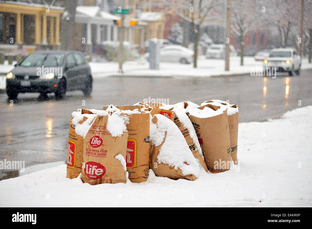 Snow covered paper bags at the side the the road Stock Photo - Alamy