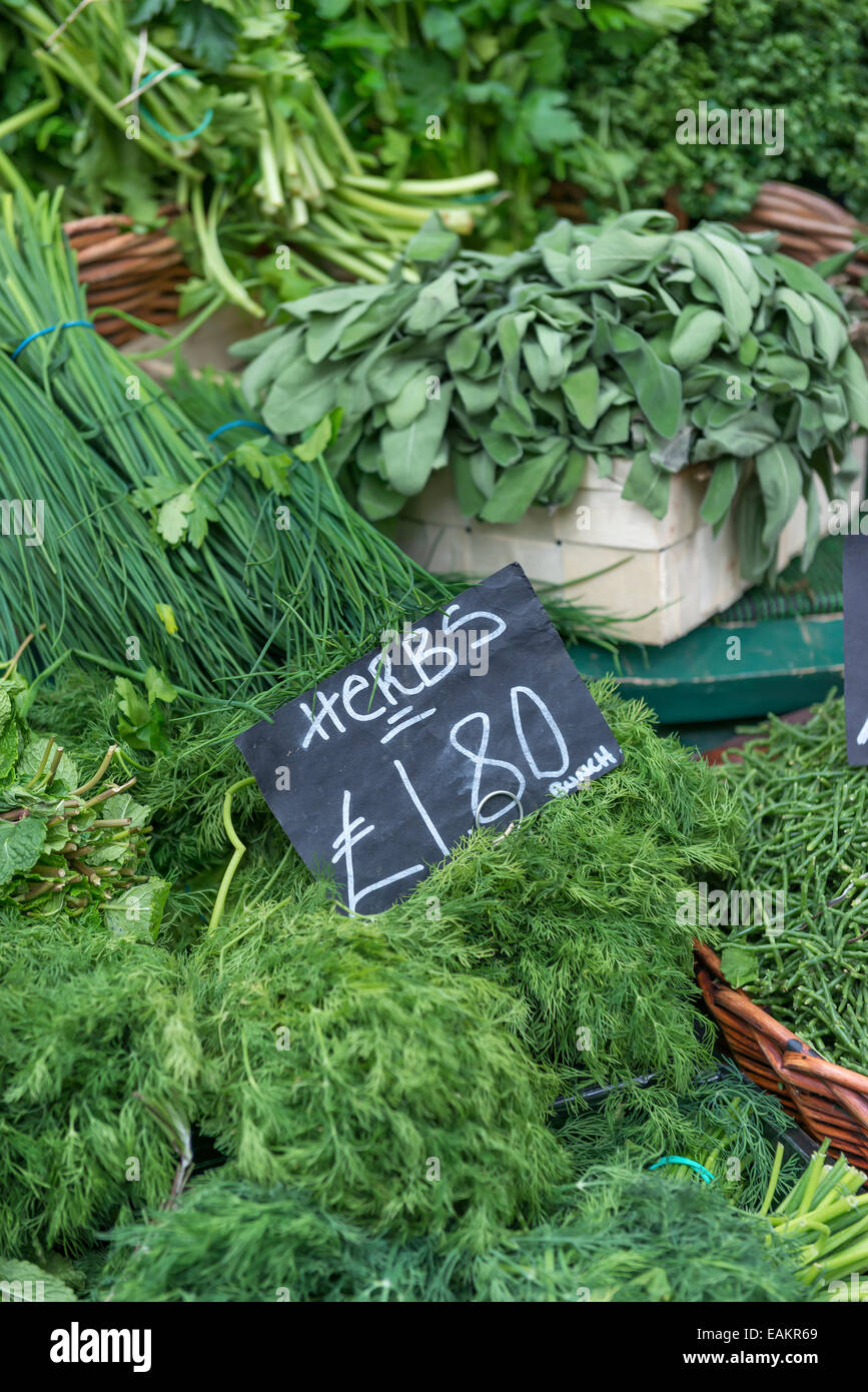 A display of various herbs on a market stall Stock Photo - Alamy