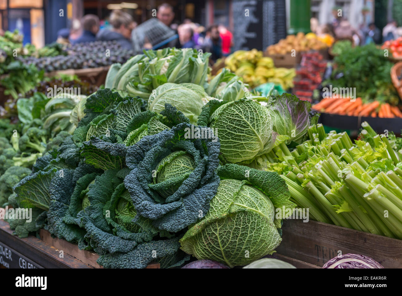 A selection of vegetables priced up and displayed on a market stall ...