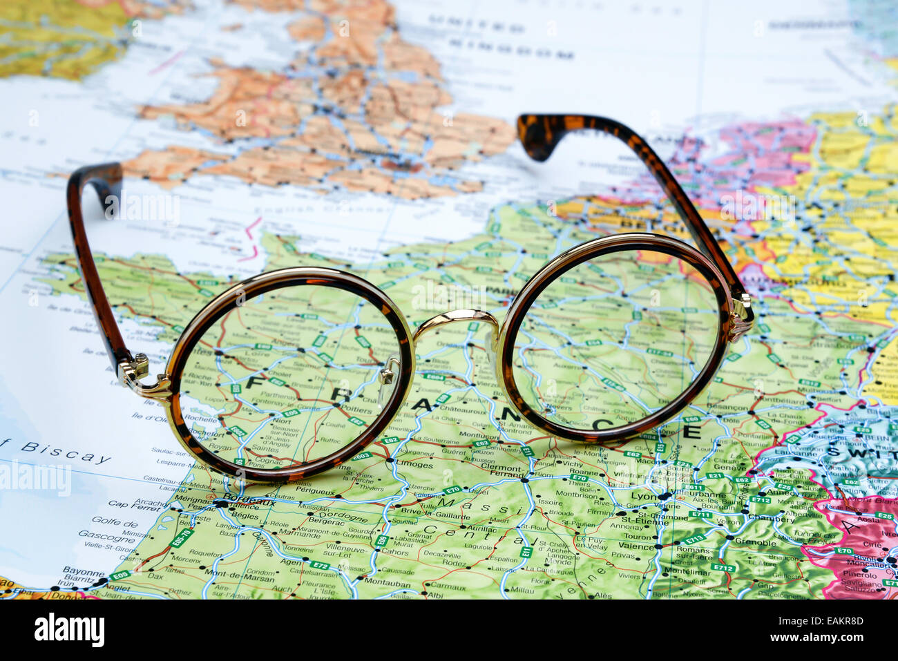 Glasses on a map of europe - France Stock Photo - Alamy