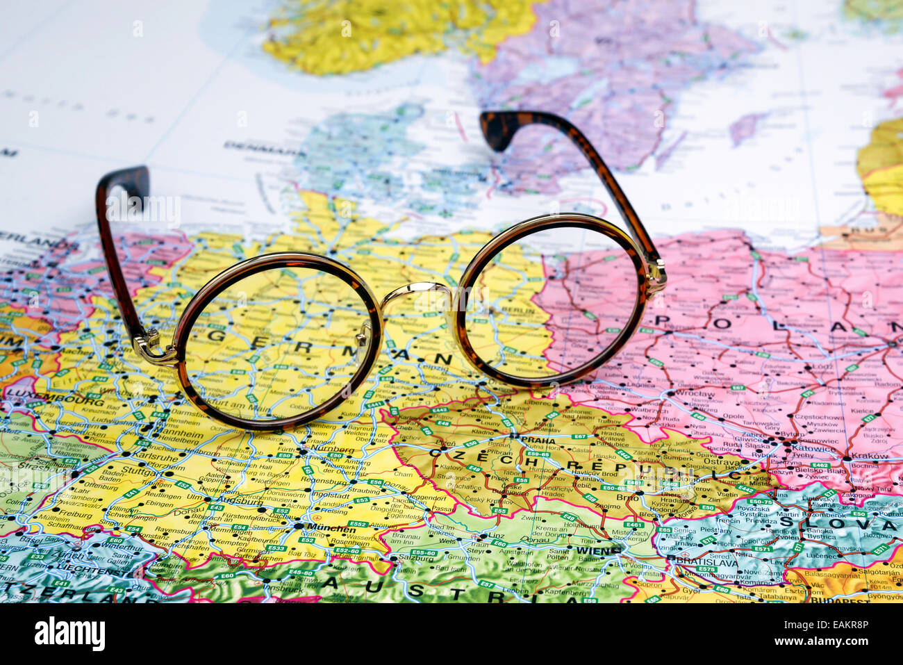 Glasses on a map of europe - Germany Stock Photo - Alamy