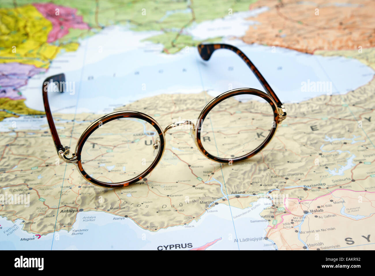 Glasses on a map of europe - Turkey Stock Photo - Alamy