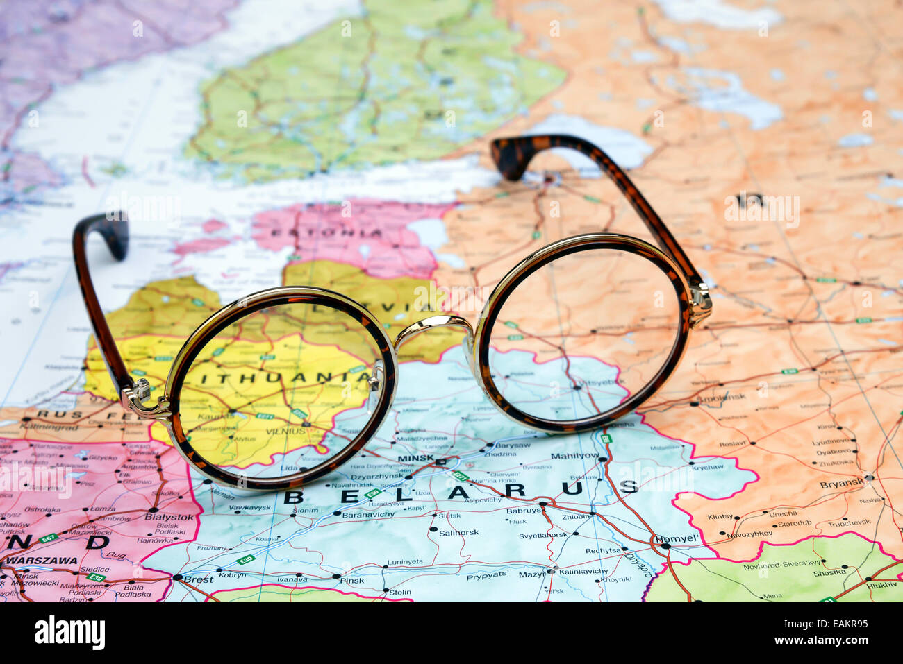 Glasses on a map of europe - Lithuania Stock Photo - Alamy