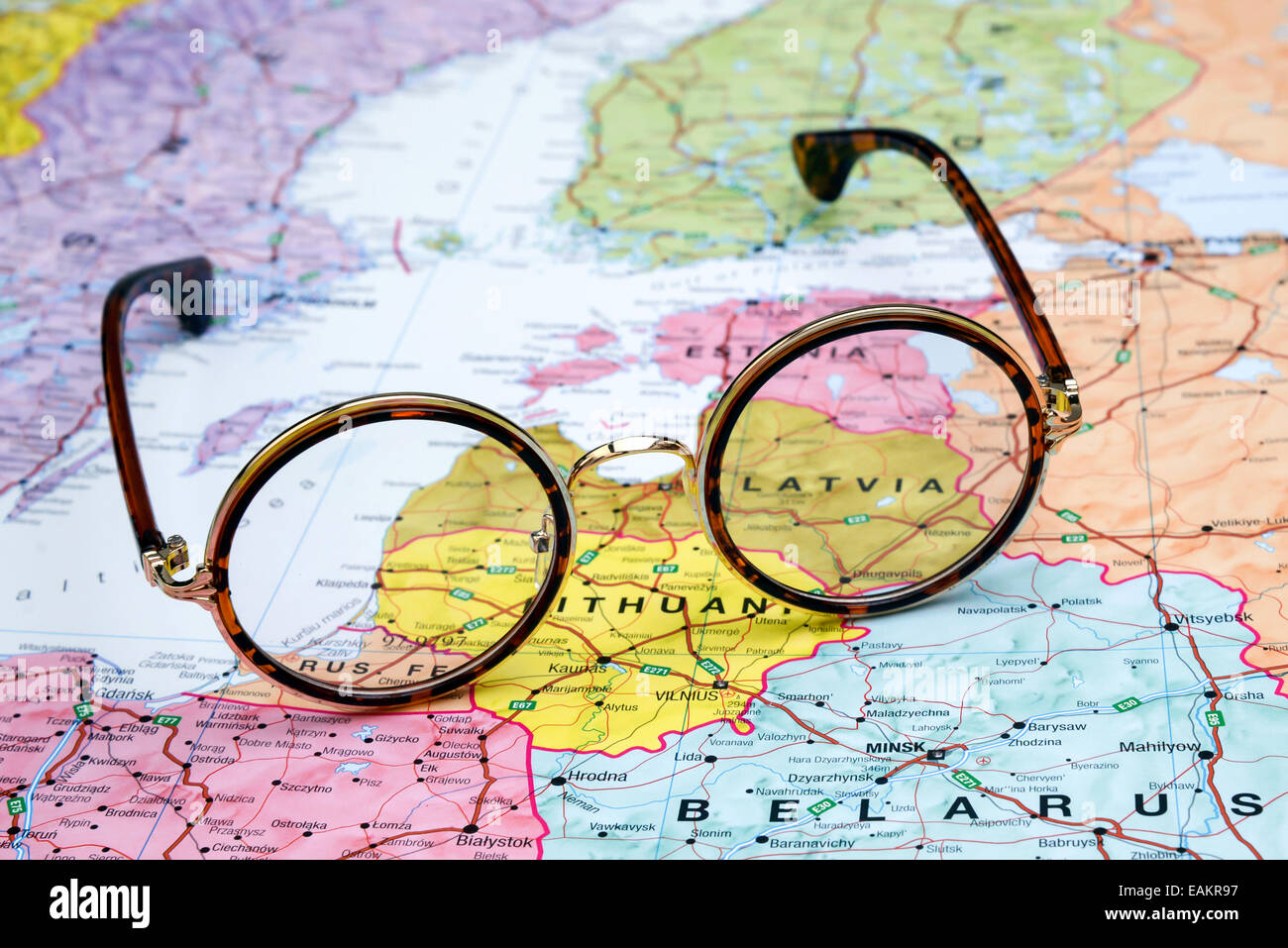 Glasses on a map of europe - Latvia Stock Photo - Alamy
