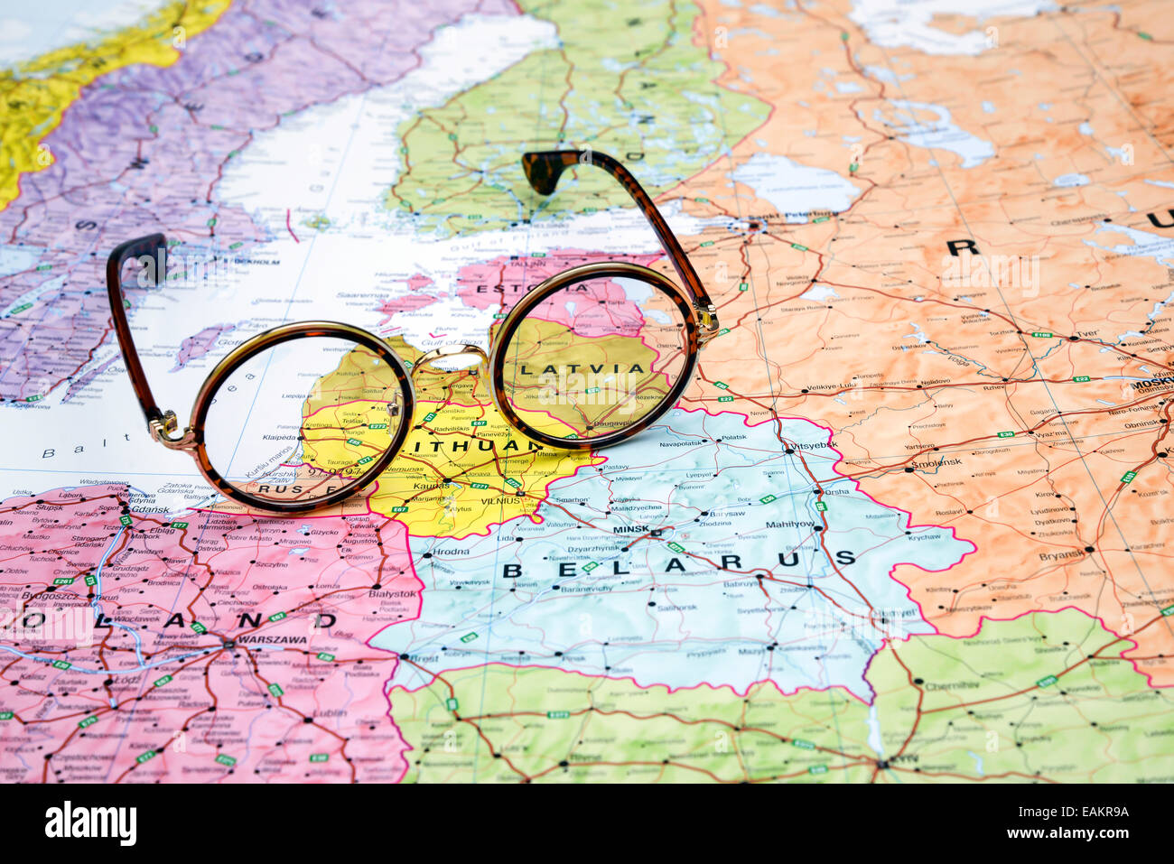 Glasses on a map of europe - Latvia Stock Photo - Alamy
