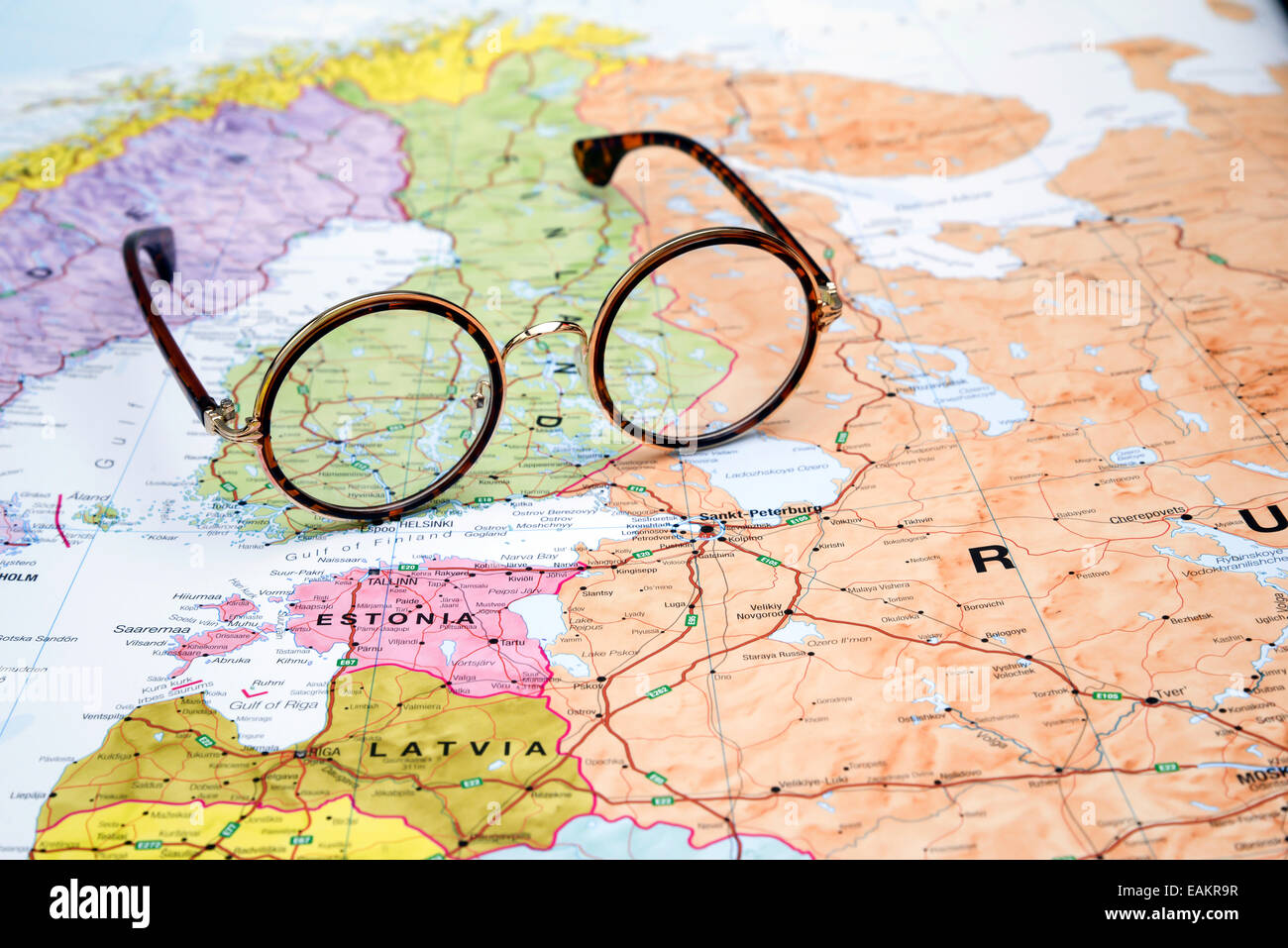 Glasses on a map of europe - Finland Stock Photo - Alamy