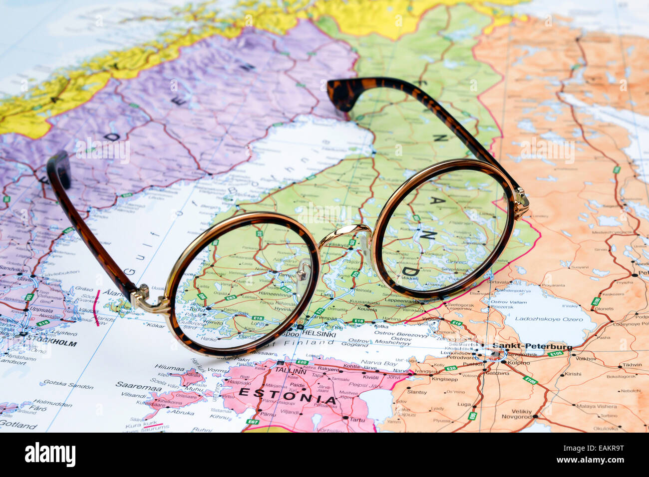 Glasses on a map of europe - Finland Stock Photo - Alamy