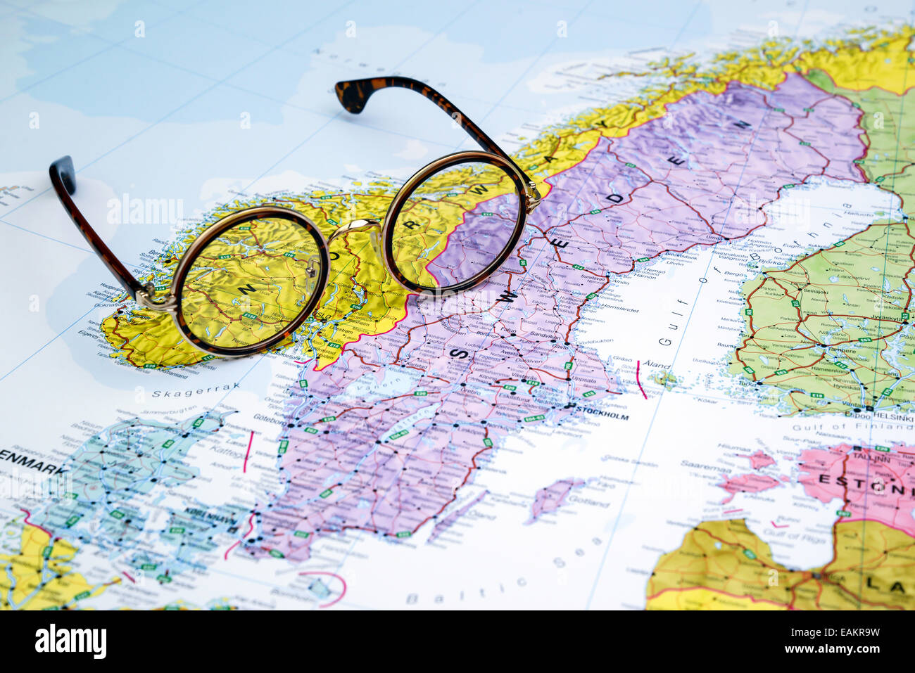 Glasses on a map of europe - Norway Stock Photo - Alamy