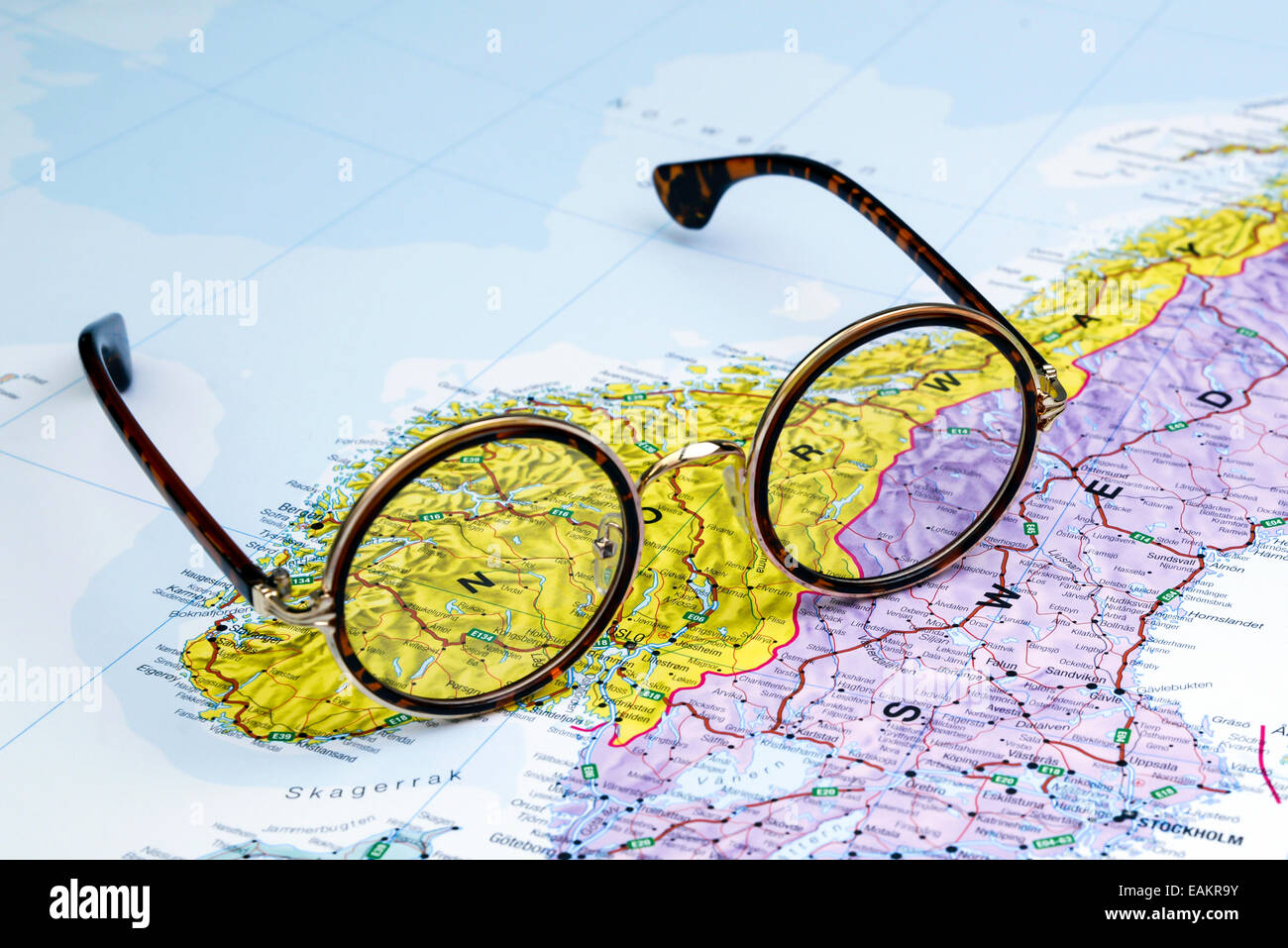 Glasses on a map of europe - Norway Stock Photo - Alamy