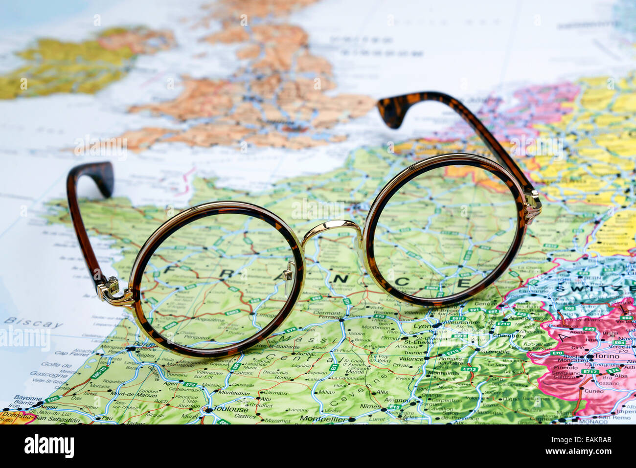 Glasses on a map of europe - France Stock Photo - Alamy