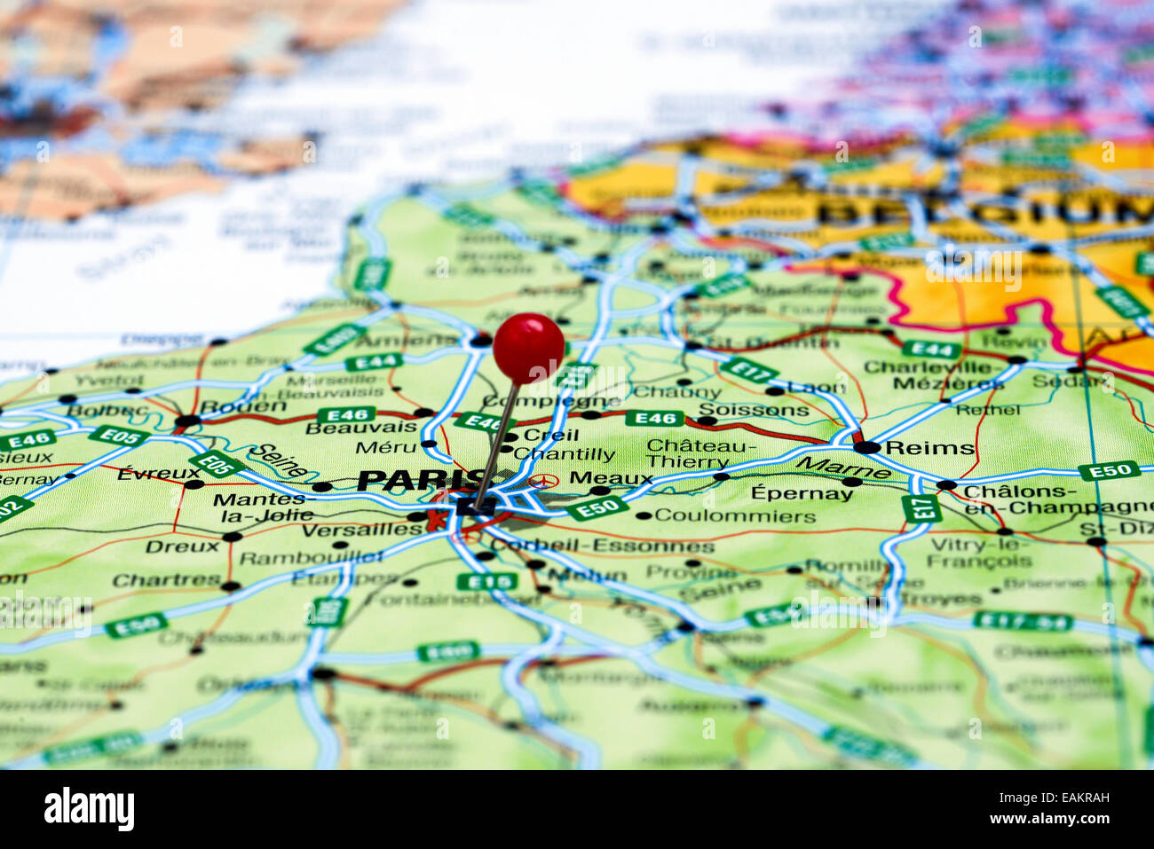 Paris pinned on a map of europe Stock Photo - Alamy