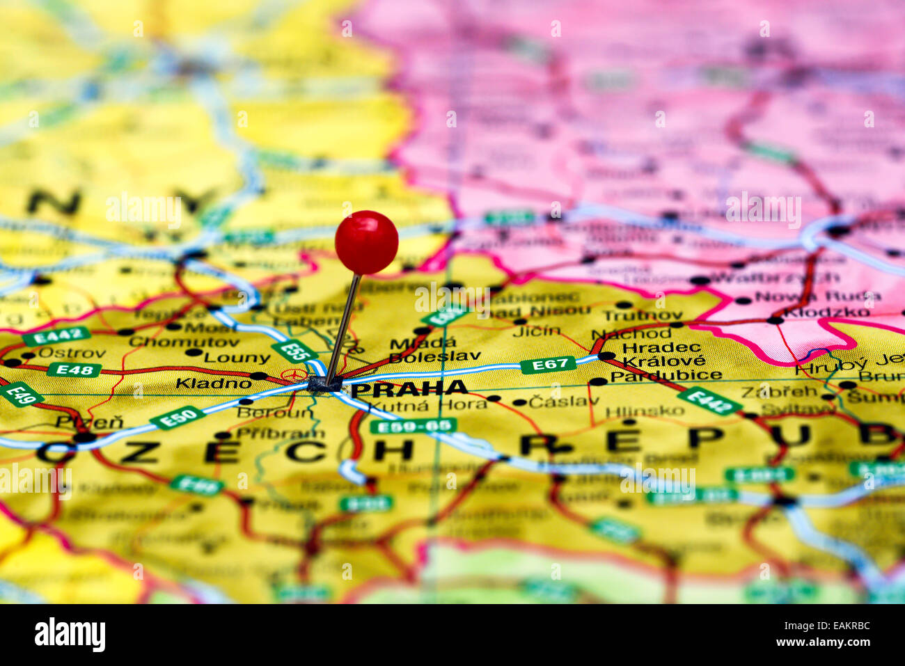 Prague pinned on a map of europe Stock Photo - Alamy