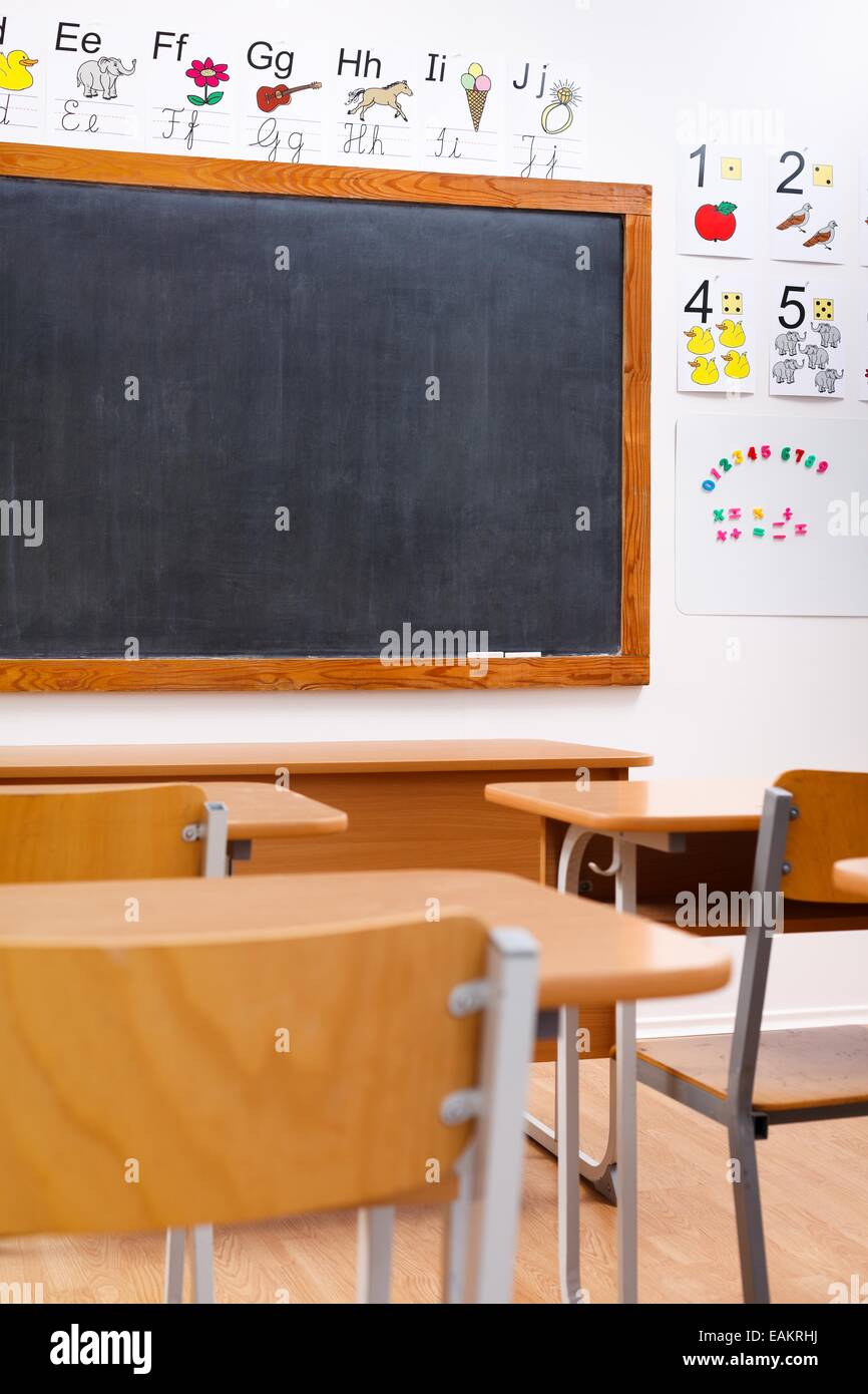 Empty classroom and black chalkboard, decorated with letters and ...