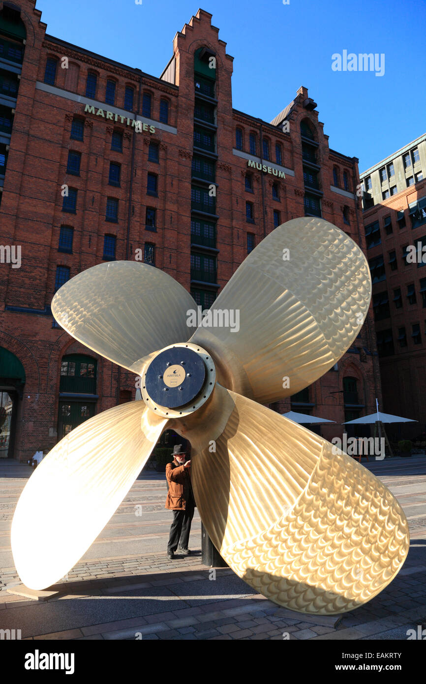 Ship propeller in front of Maritime Museum, Hafencity, Hamburg harbor ...