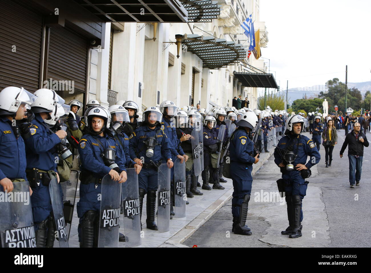 Athens, Greece. 17th Nov, 2014. Police officers in full riot gear stand ...