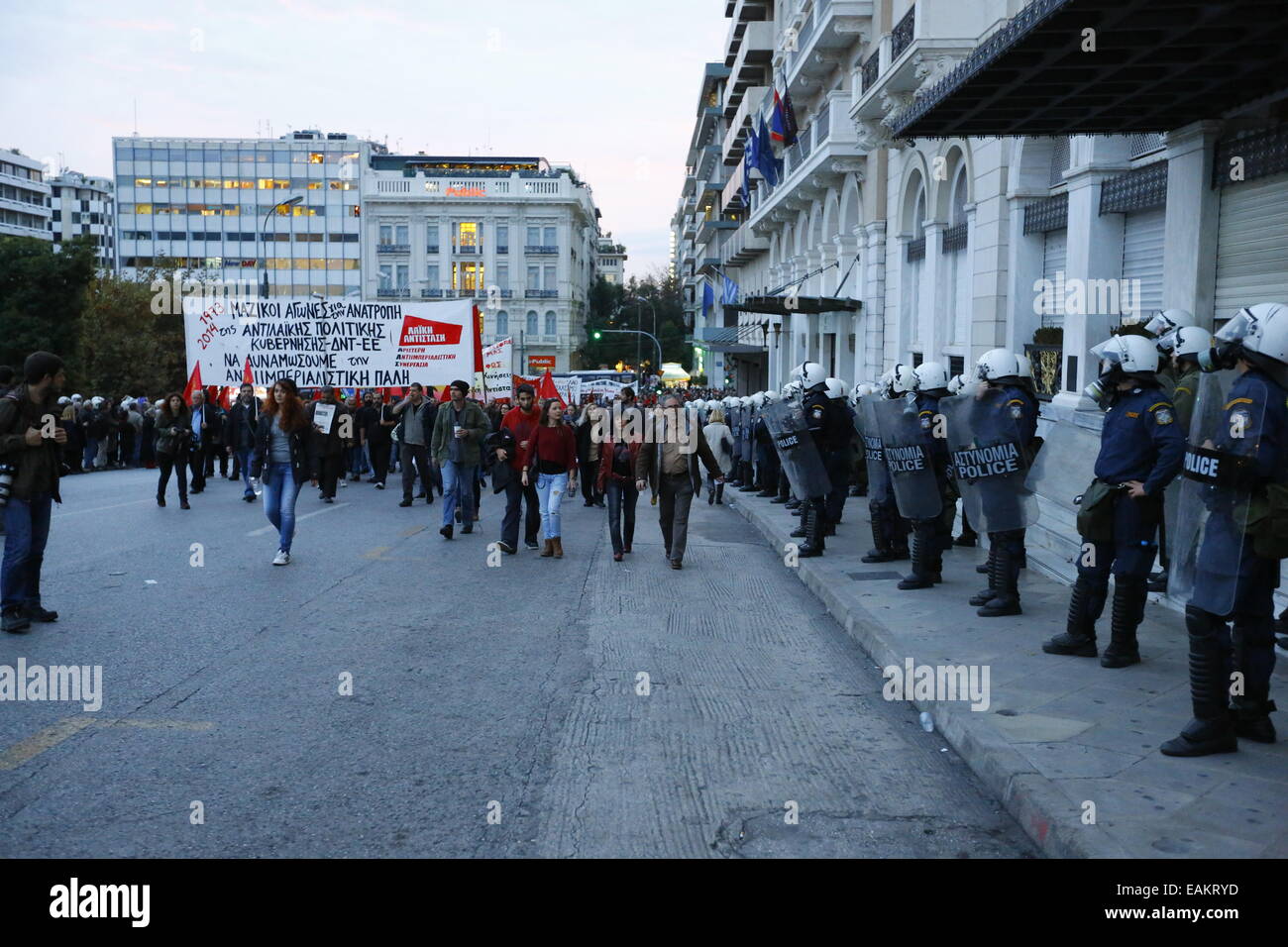 Athens, Greece. 17th Nov, 2014. The protest march passes through ...