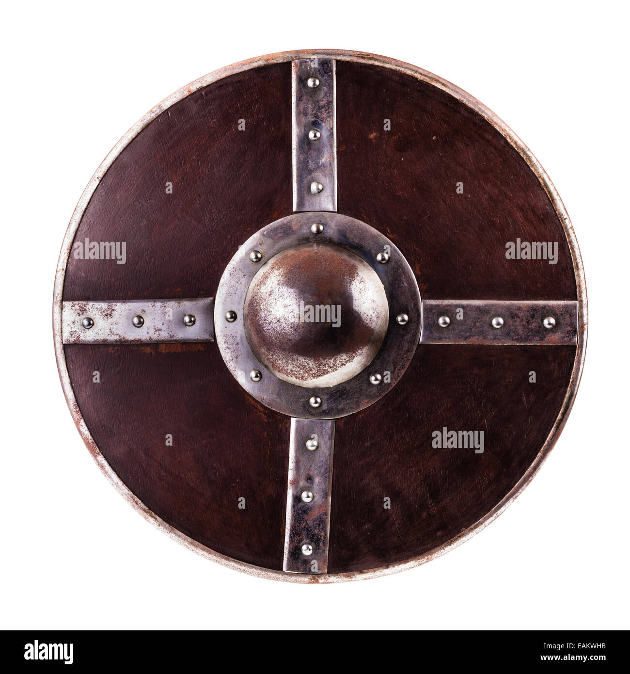a medieval round iron shield isolated over a pure white background ...