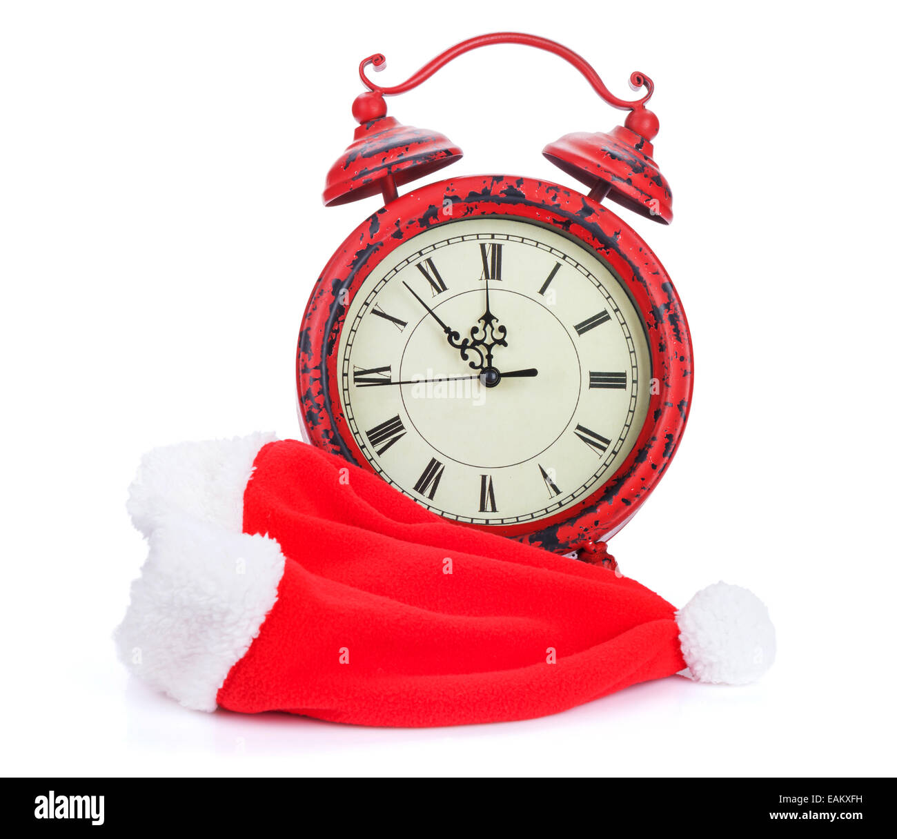 Christmas clock with santa hat. Isolated on white background Stock ...