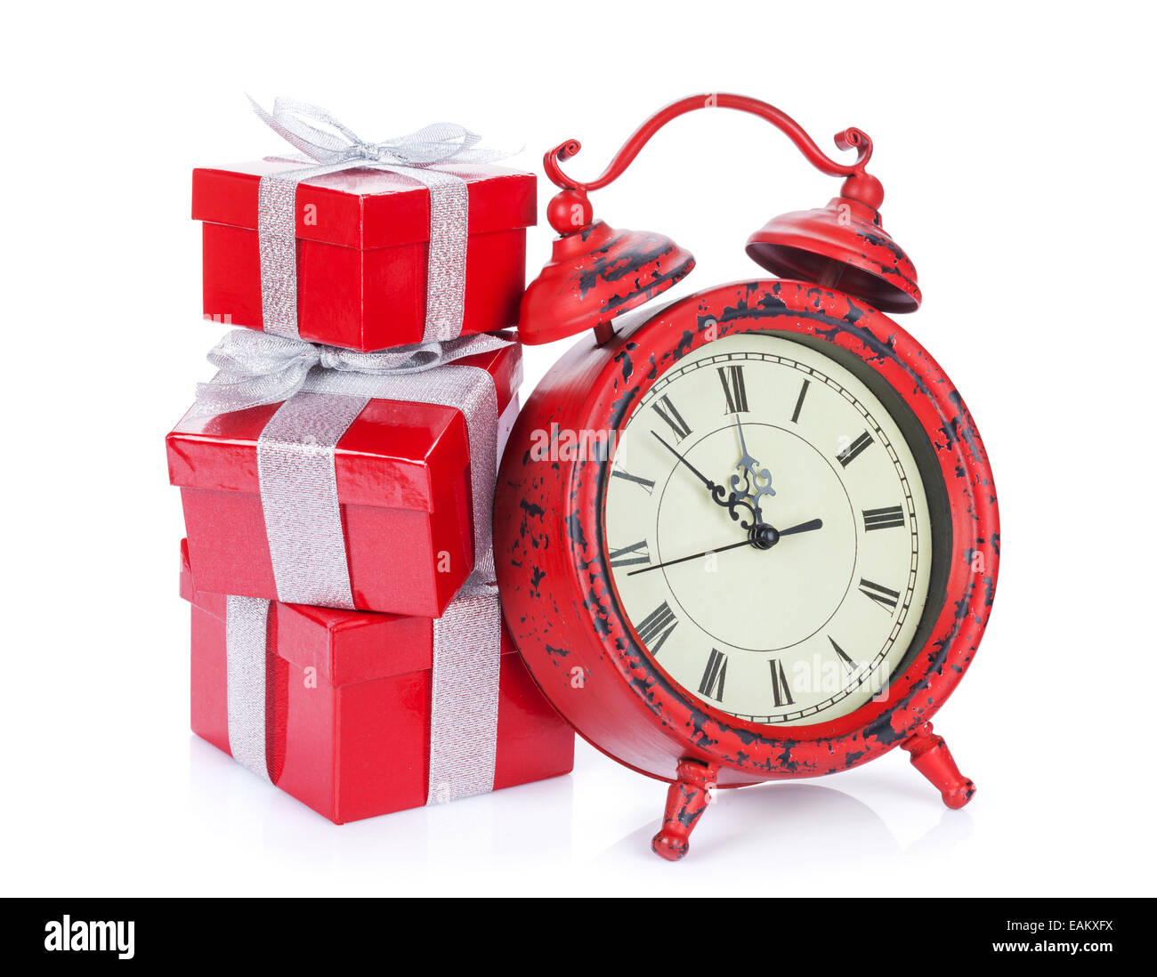 Christmas gift boxes and clock. Isolated on white background Stock ...