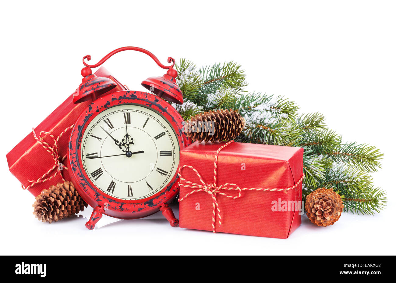 Christmas gift boxes and clock. Isolated on white background Stock ...