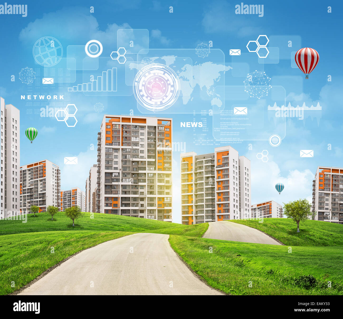 Buildings, green hills, road and sky with virtual elements Stock Photo ...