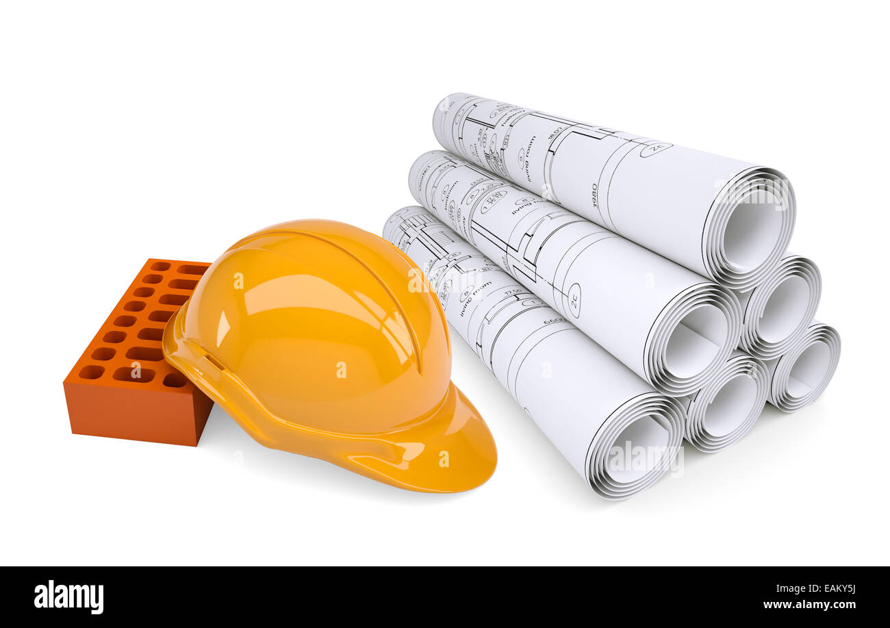 Scrolls of architectural drawings and building brick with helmet Stock ...
