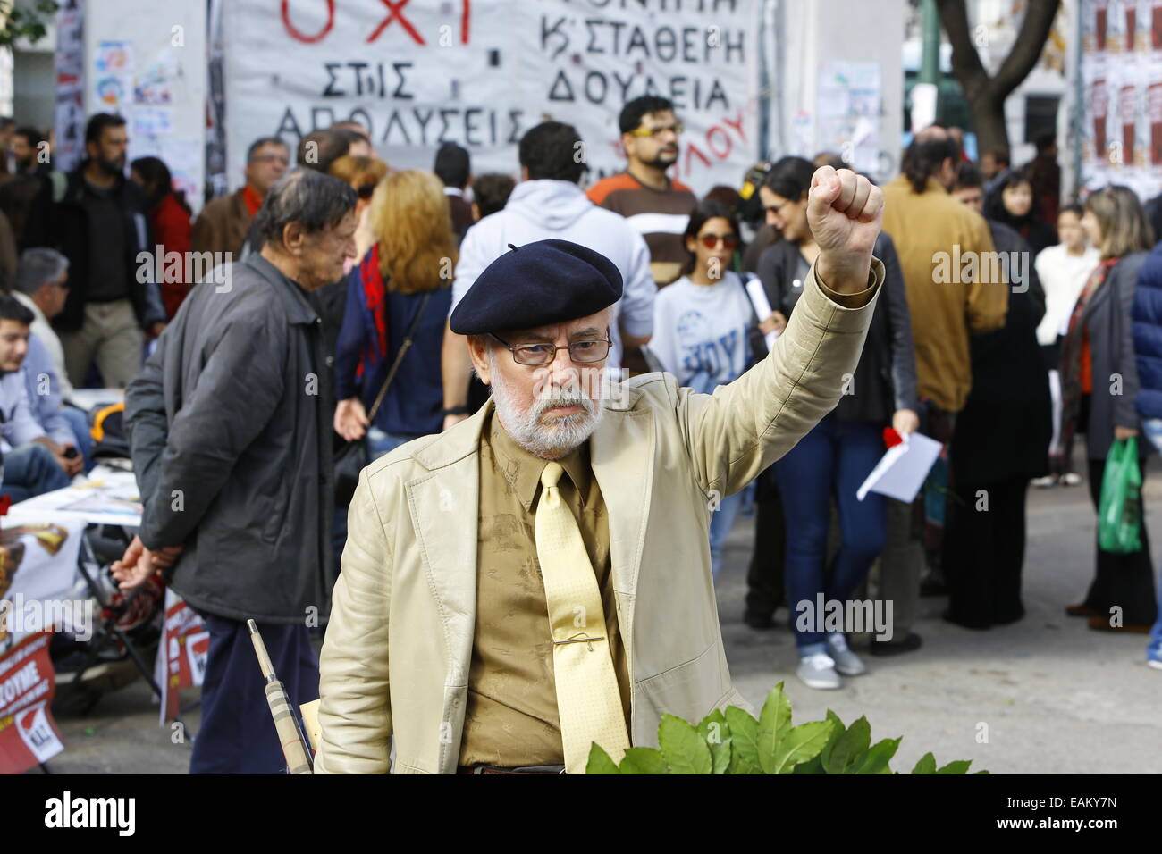 Athens, Greece. 17th November 2014. A man makes a clenched fist salute ...