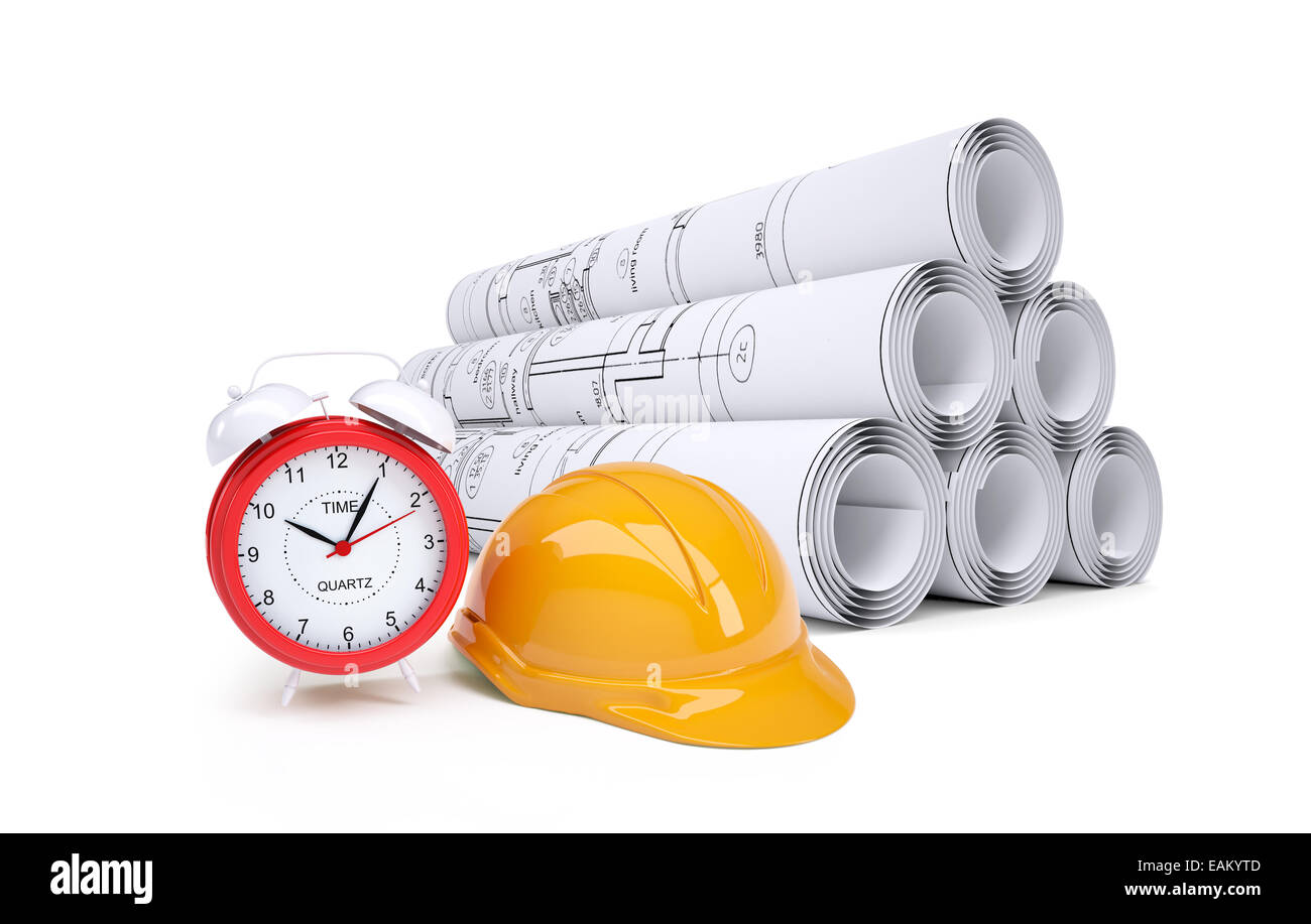 Scrolls of architectural drawings and alarm clock with helmet Stock ...