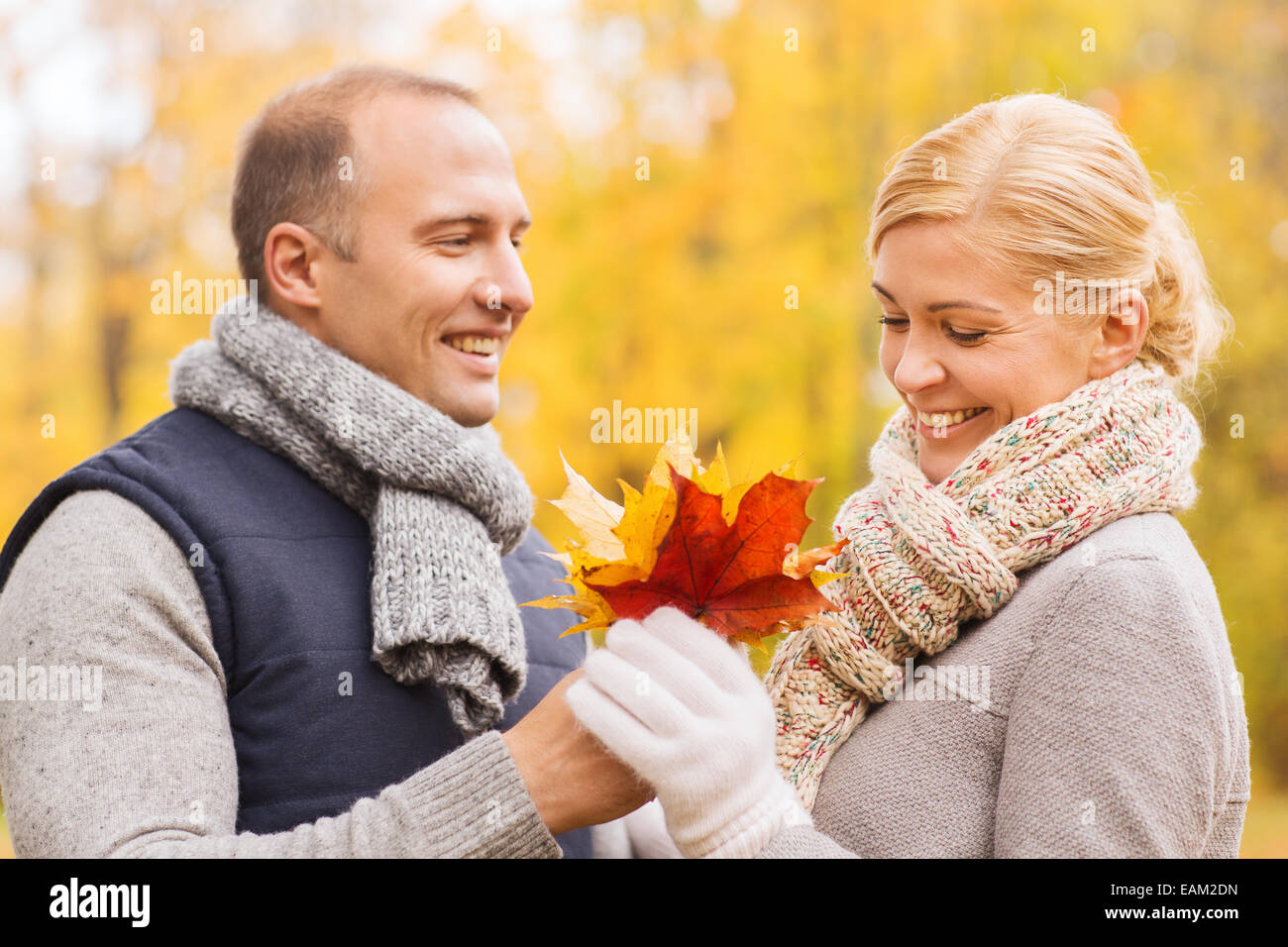 smiling couple in autumn park Stock Photo - Alamy