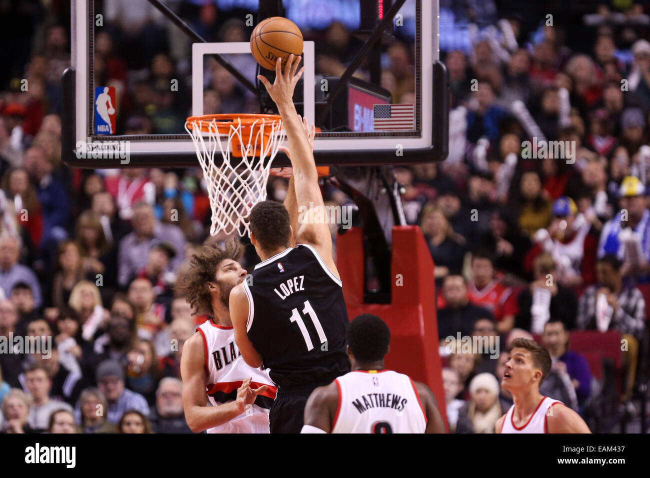 Nov. 15, 2014 - BROOK LOPEZ (11) shoots a jumper over his brother ROBIN ...