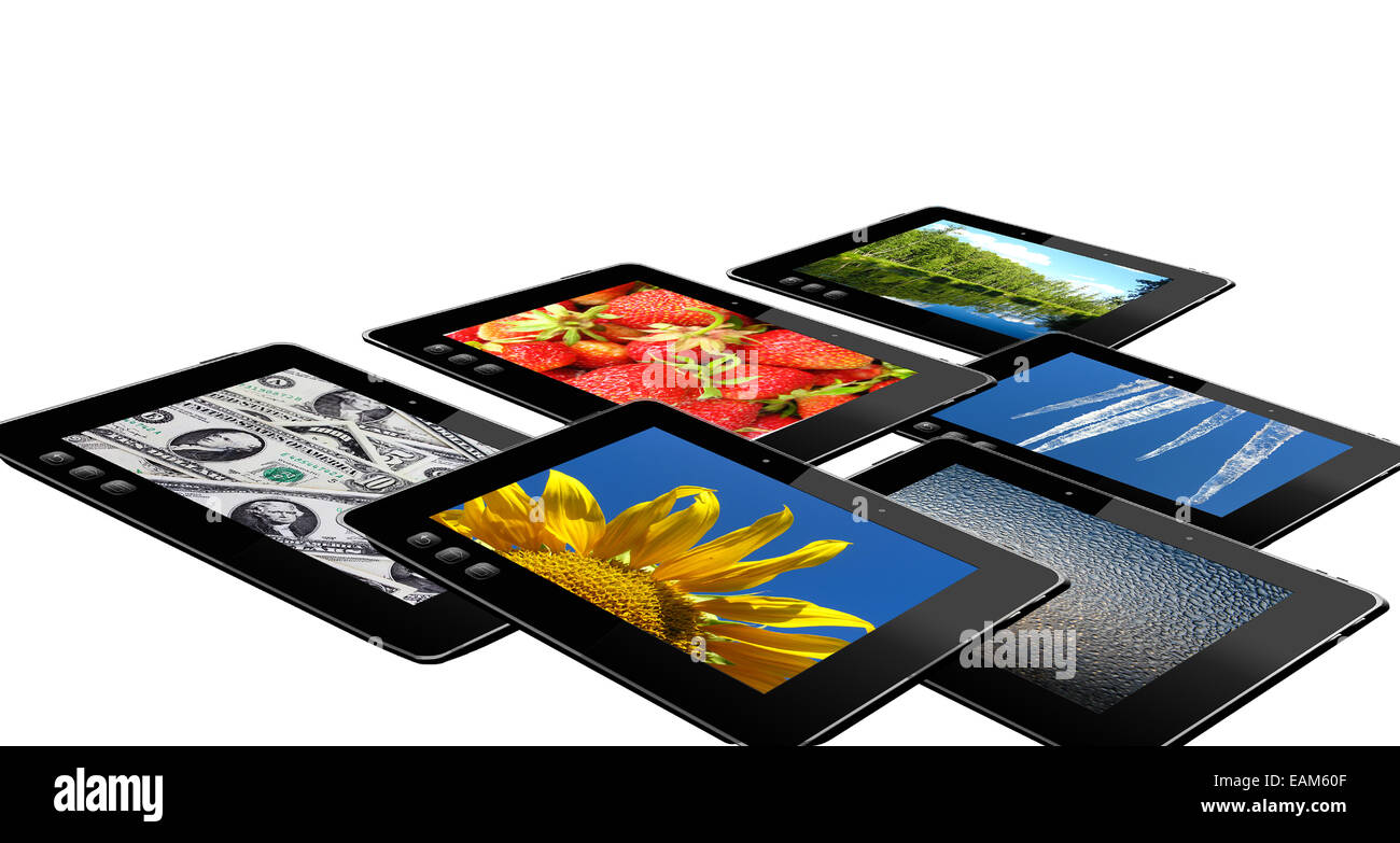 some black tablets with motley pictures isolated on white background ...