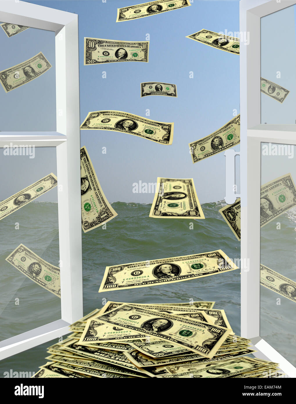 opened window to the waves of sea with dollars Stock Photo - Alamy