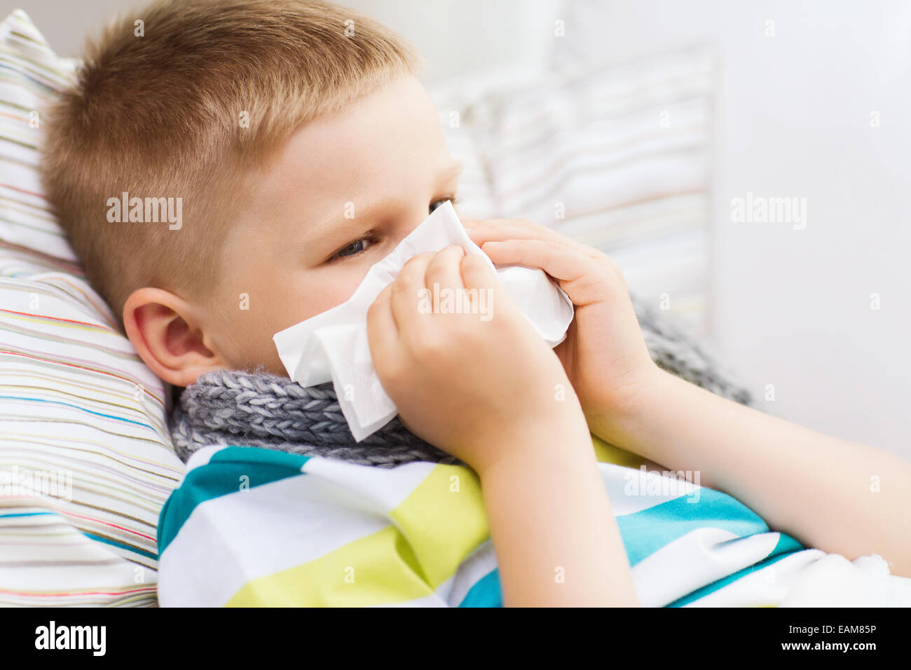 ill boy with flu at home Stock Photo - Alamy
