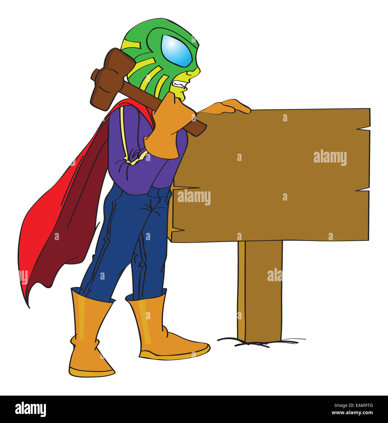 Superhero Hammering a Sign Post to the Ground, vector illustration ...