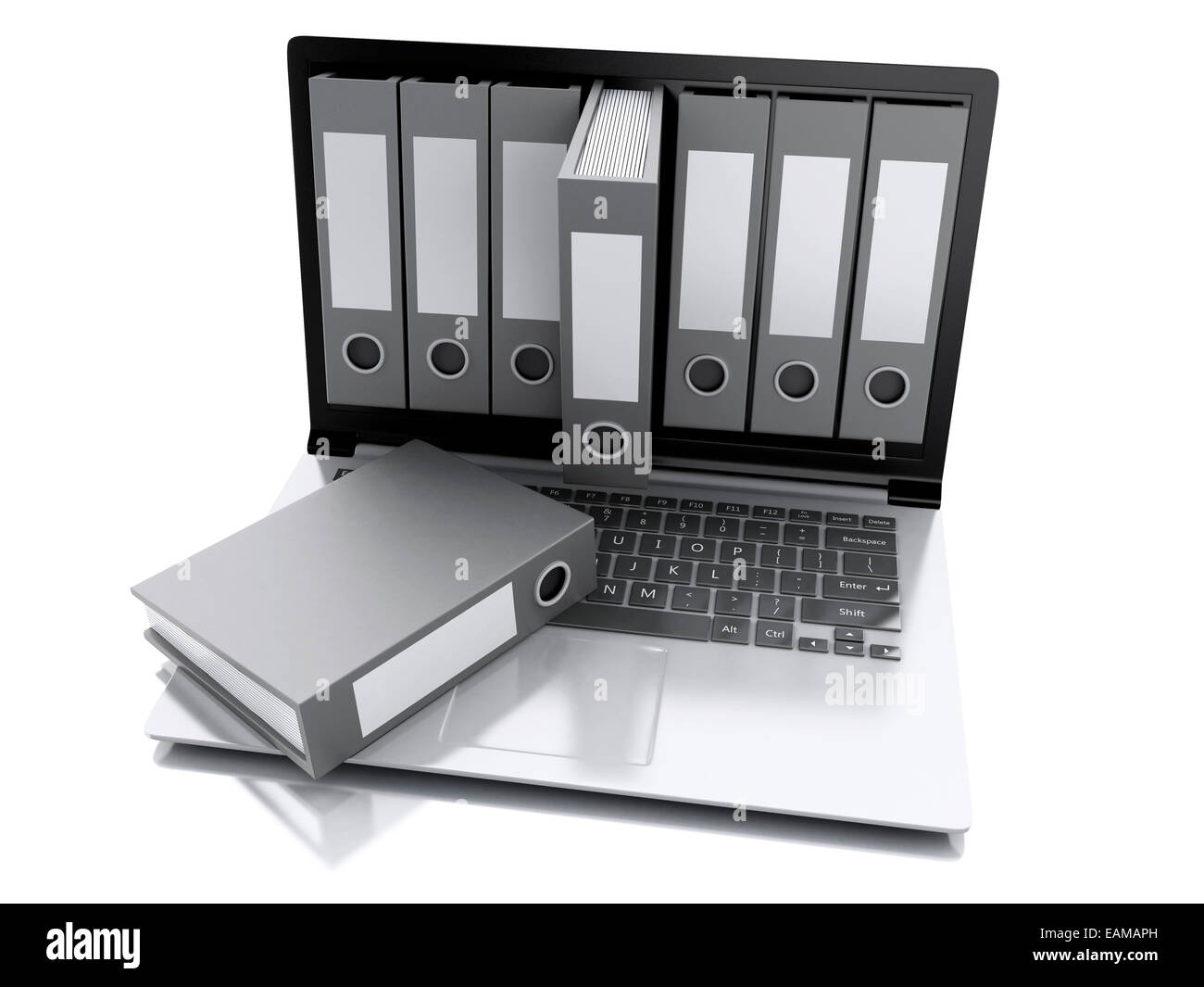 image of 3d Archive concept. Laptop and files on isolated white ...