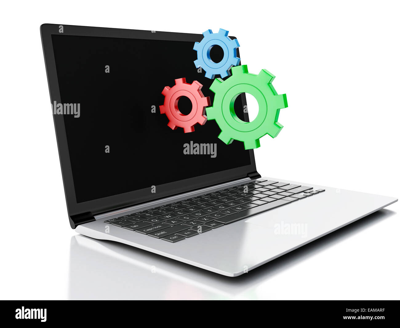 image of 3d laptop and gears. System properties concept. Isolated on ...