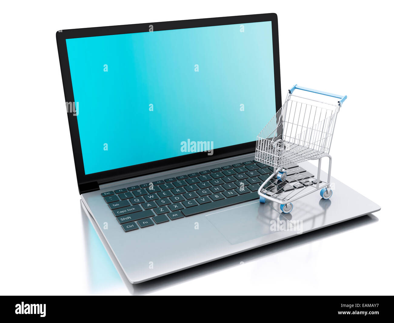 3d Shopping cart and laptop. Online shopping concept. isolated white ...