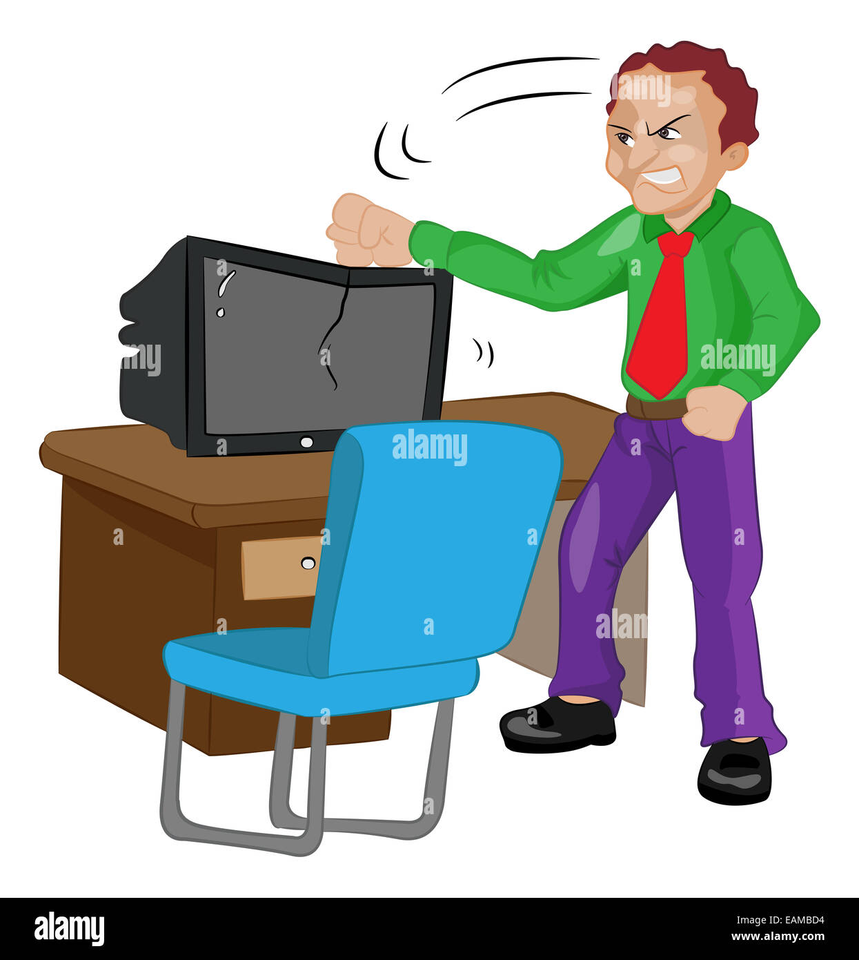 Angry Man Pounding on a TV or computer, vector illustration Stock Photo ...