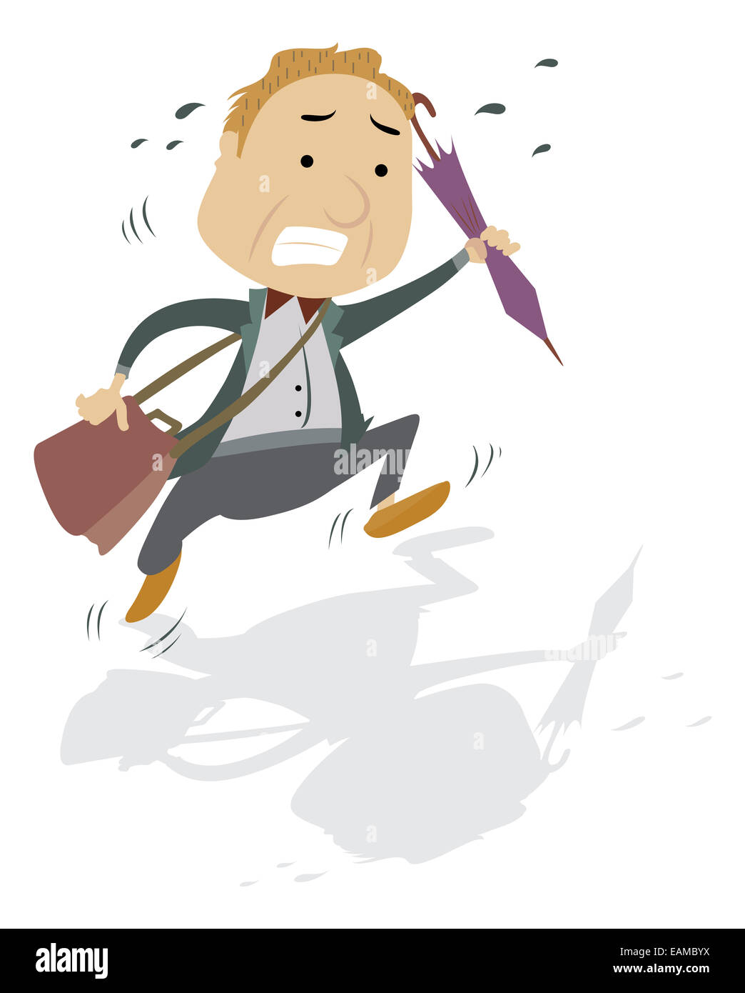 Frantic Man with a Bag and Umbrella, vector illustration Stock Photo ...