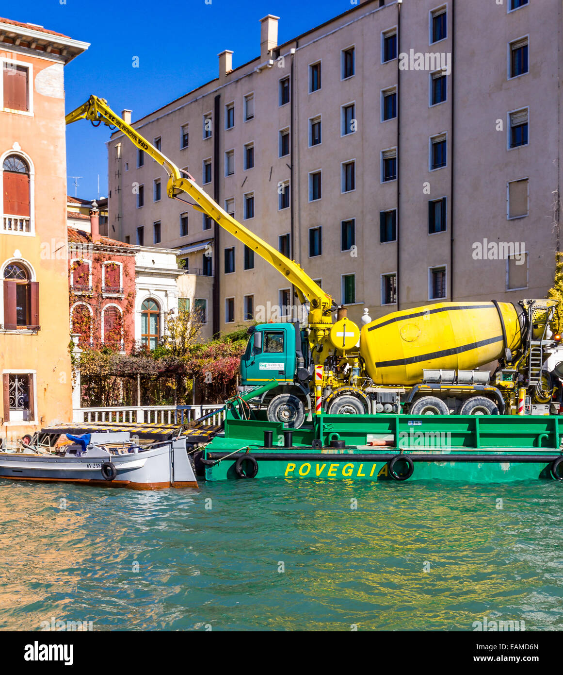 Concrete mixer and pump on workboat Venice, Italy Stock Photo - Alamy