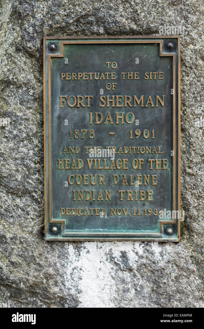Bronze historical plaque describing the site of Fort Sherman. Coeur d ...