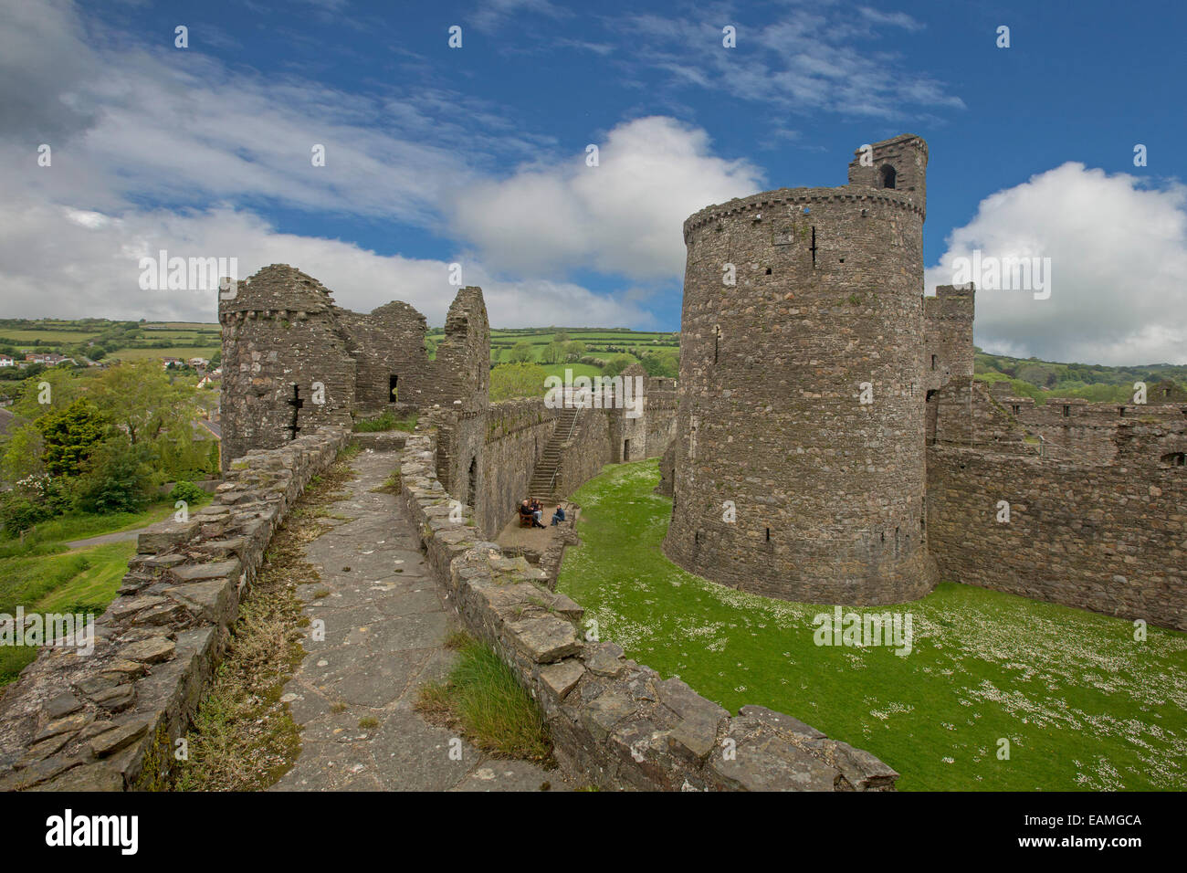 View from high stone wall of vast inner section & towers of ruined ...