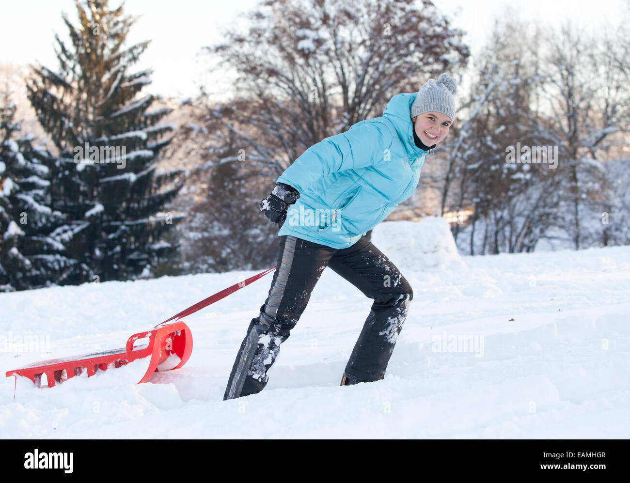 Smiling cute girl pulling sledge on snow Stock Photo - Alamy