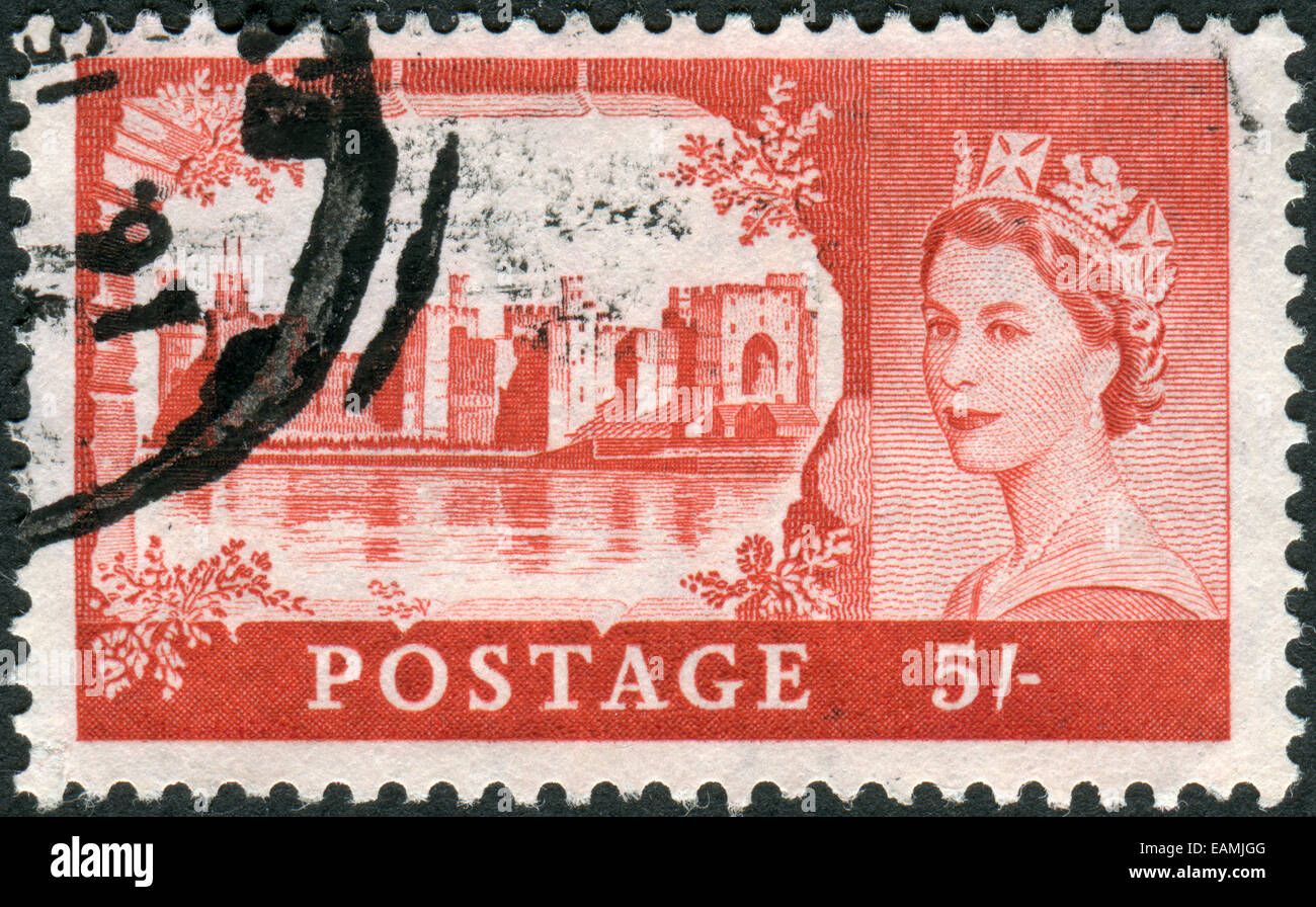 Postage stamp printed in England, shows a portrait of Queen Elizabeth ...