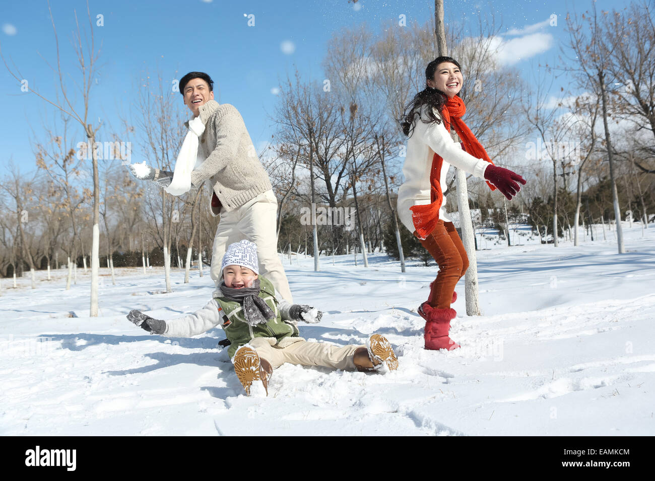 A family of three in the snow snowball fights Stock Photo - Alamy