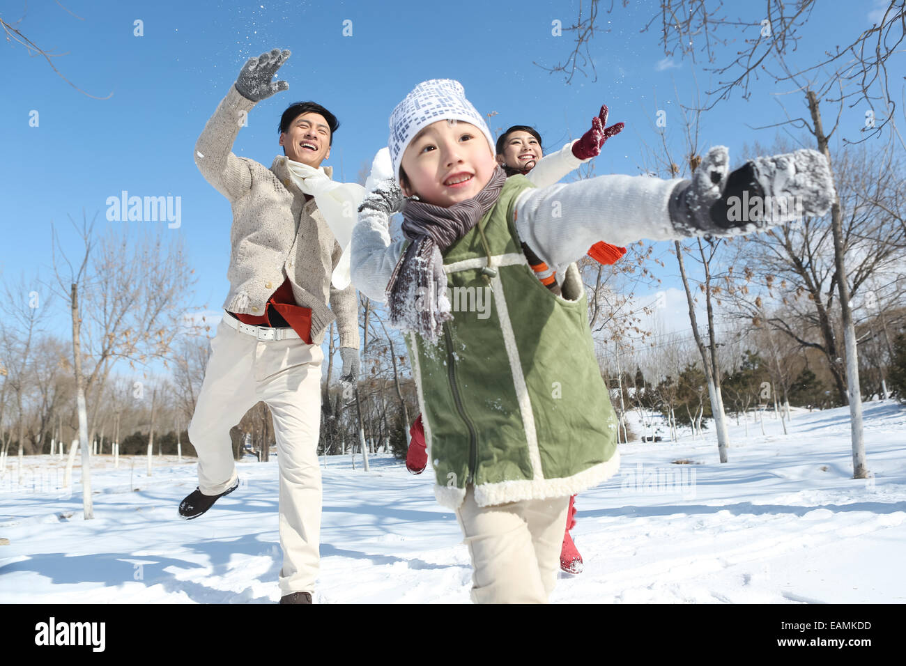 A family of three in the snow snowball fights Stock Photo - Alamy