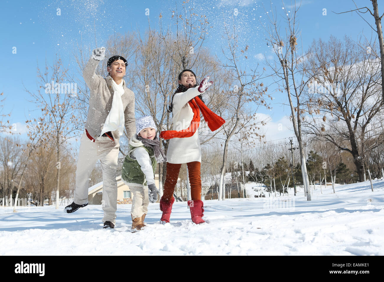 A family of three in the snow snowball fights Stock Photo - Alamy