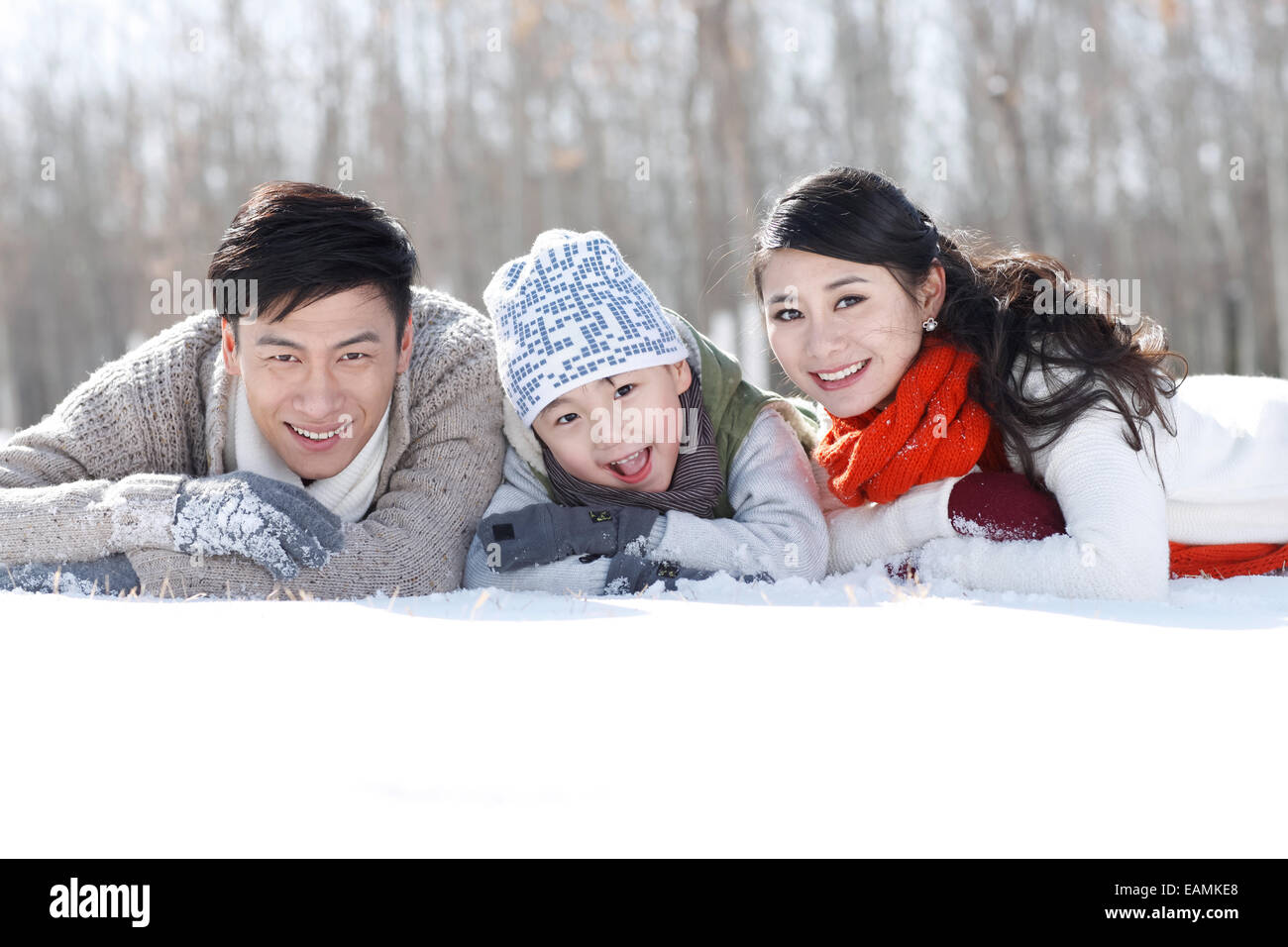 A family of three on playing in the snow Stock Photo - Alamy